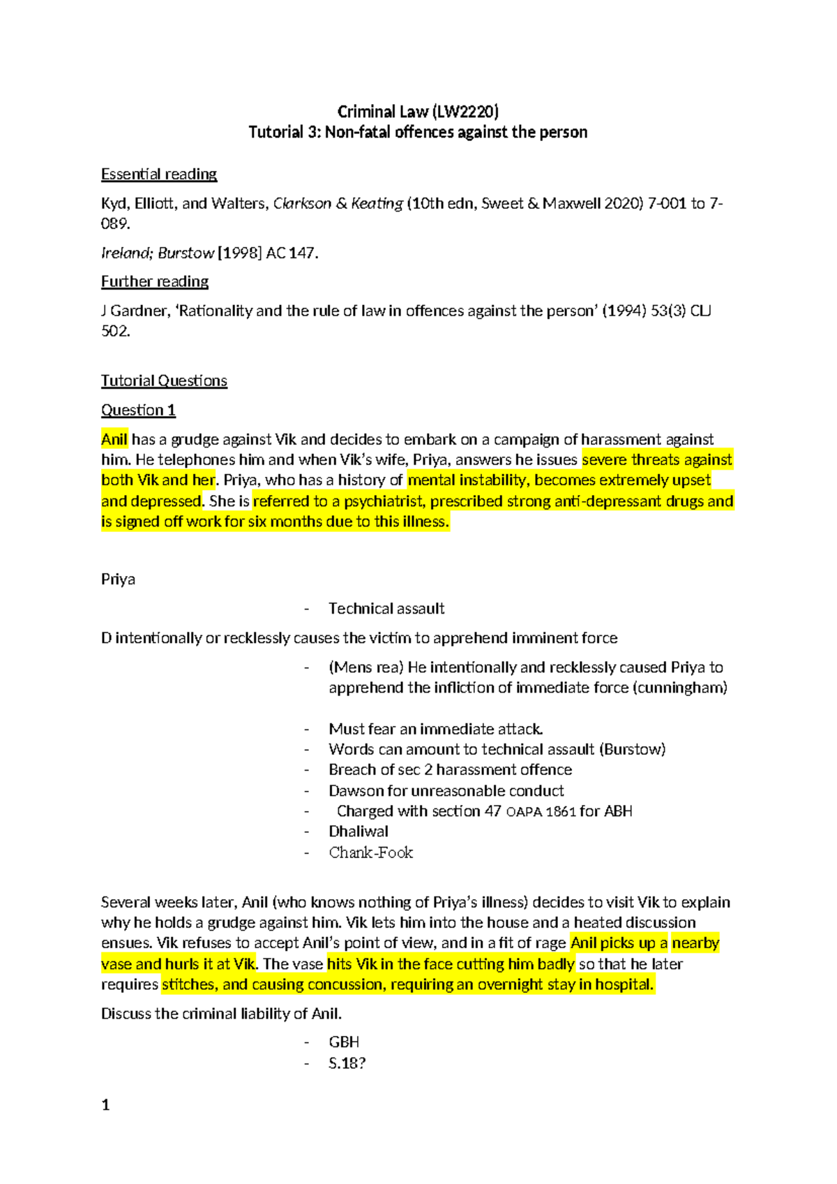 Crim tut 3 - Criminal Law (LW2220) Tutorial 3: Non-fatal offences ...