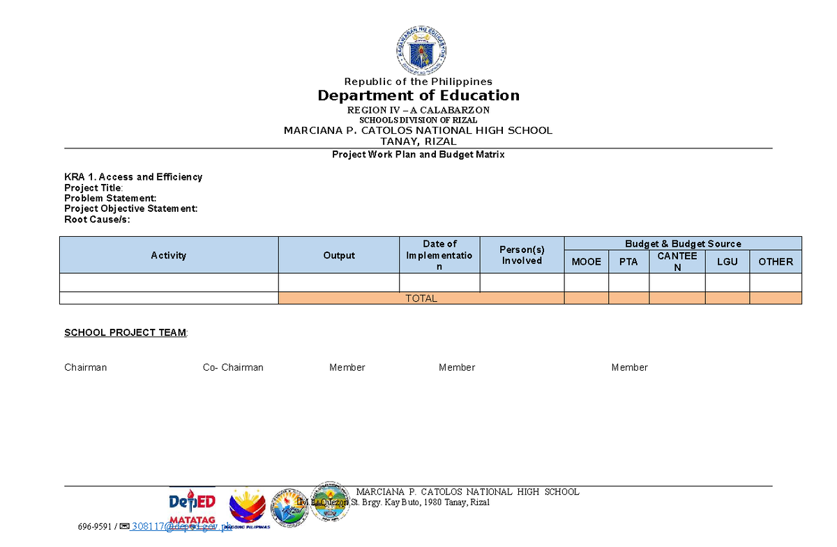 Project Work Plan and Budget Matrix Template - Department of Education ...