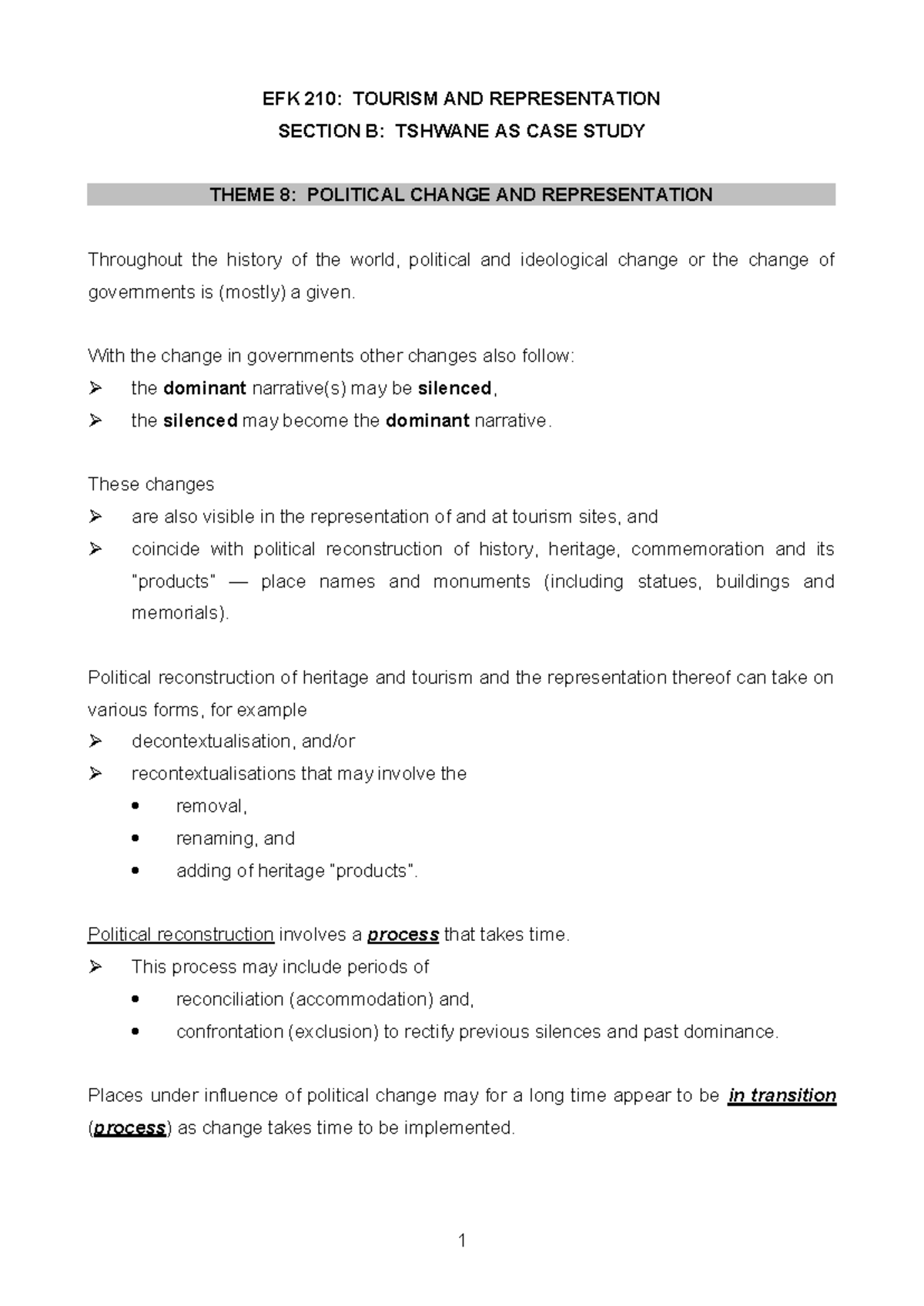 EFK 210: Tourism & Political Change - Tshwane Case Study 2026 - Studocu