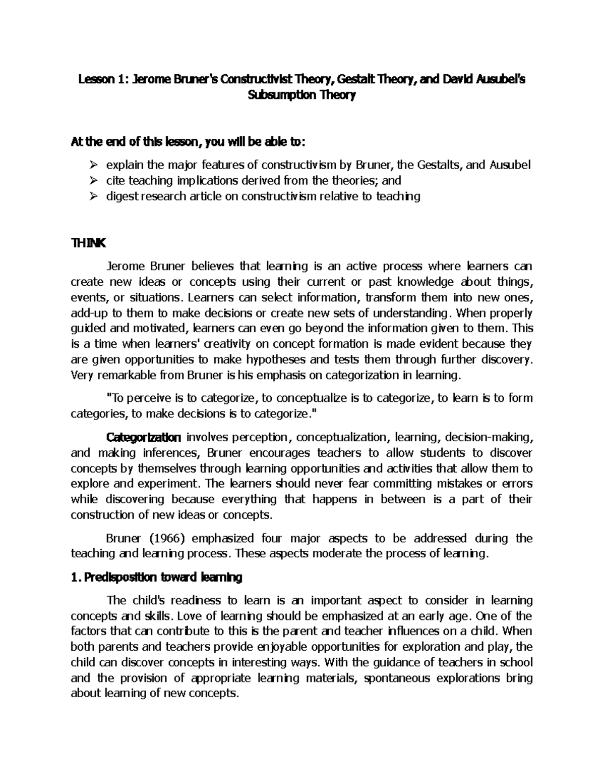 Lesson 1: The Theories of Bruner, Gestalt, and Ausubel Explained - Studocu