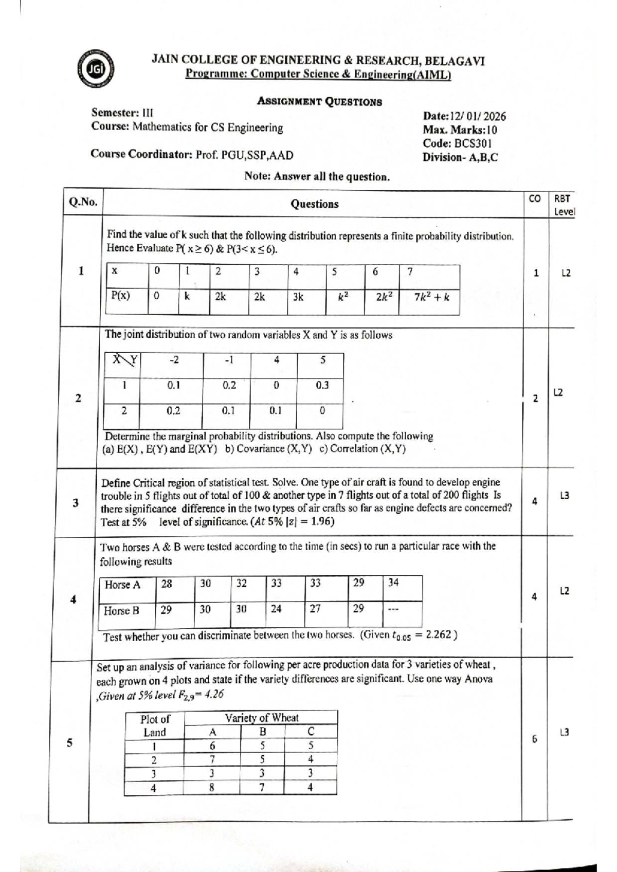 BCS301 Mathematics for CS Engineering Assignment - 1 Questions - Studocu