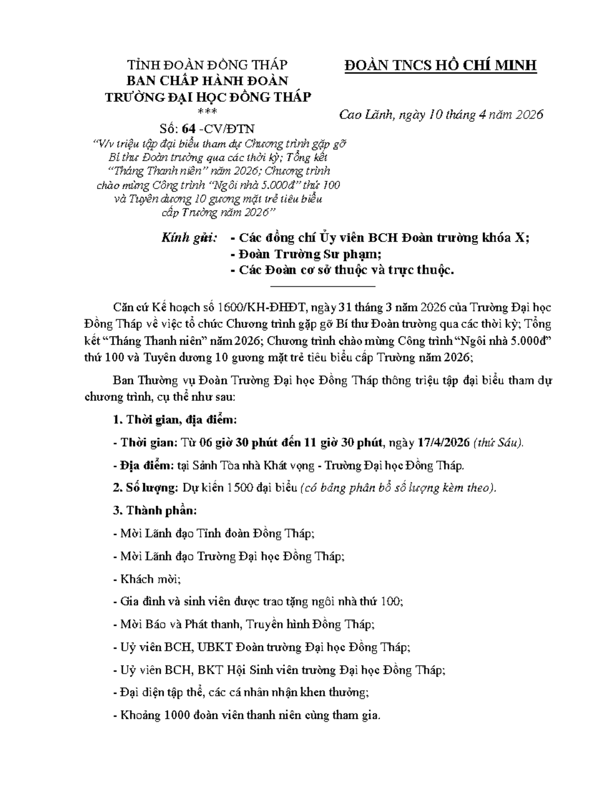 Thông báo triệu tập tham dự Chương trình 64 - ĐH Đồng Tháp, 17/4/2026 ...