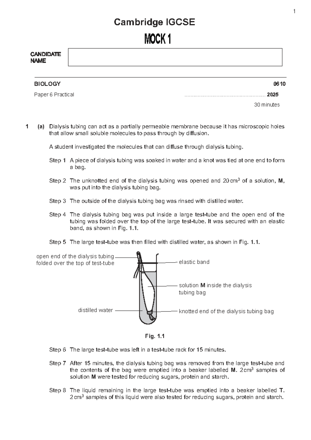 Cambridge IGCSE Mock 1 Biology 0610 - Paper 6 Practical Guide - Studocu