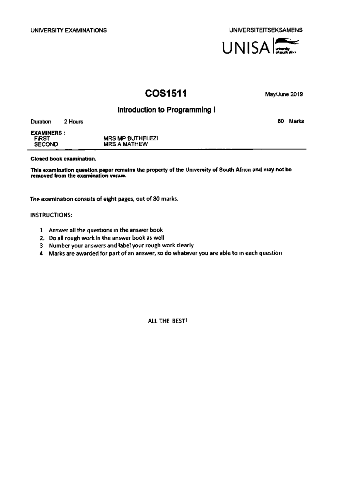 COS1511 2019 Final Exam Questions and Answers Guide - Studocu