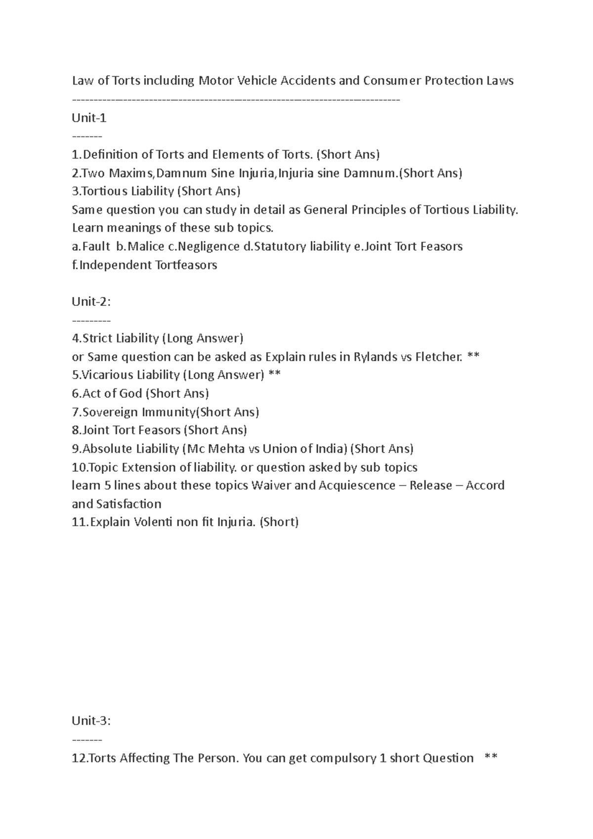 Law of Torts (Course Code): Imp. Questions & Key Concepts Summary - Studocu