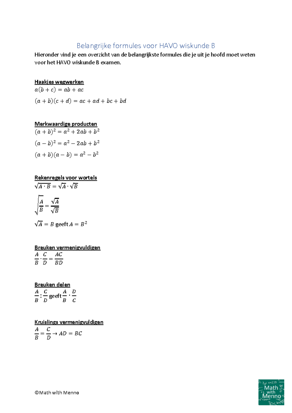 Belangrijke Formules voor HAVO Wiskunde B Examen Notes - Studeersnel