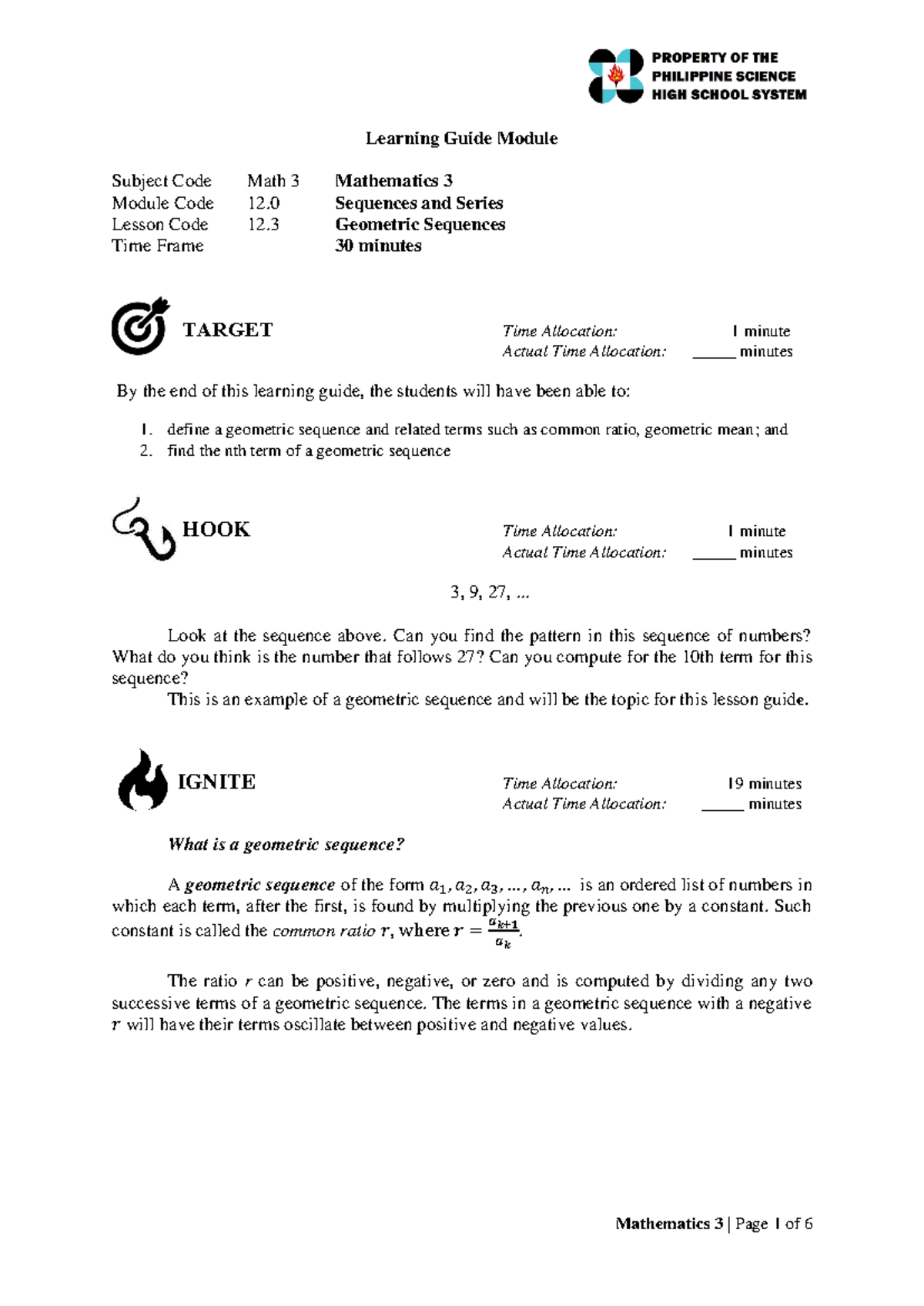 SLG Math 3 12.3 Lesson on Geometric Sequences and Common Ratios - Studocu