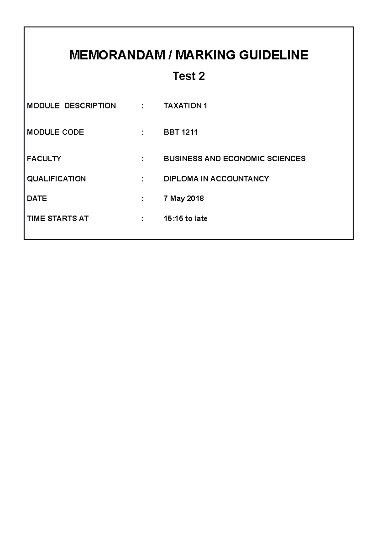 BBT 1211: Test 2 Memorandum and Marking Guidelines on Taxation 1 - Studocu