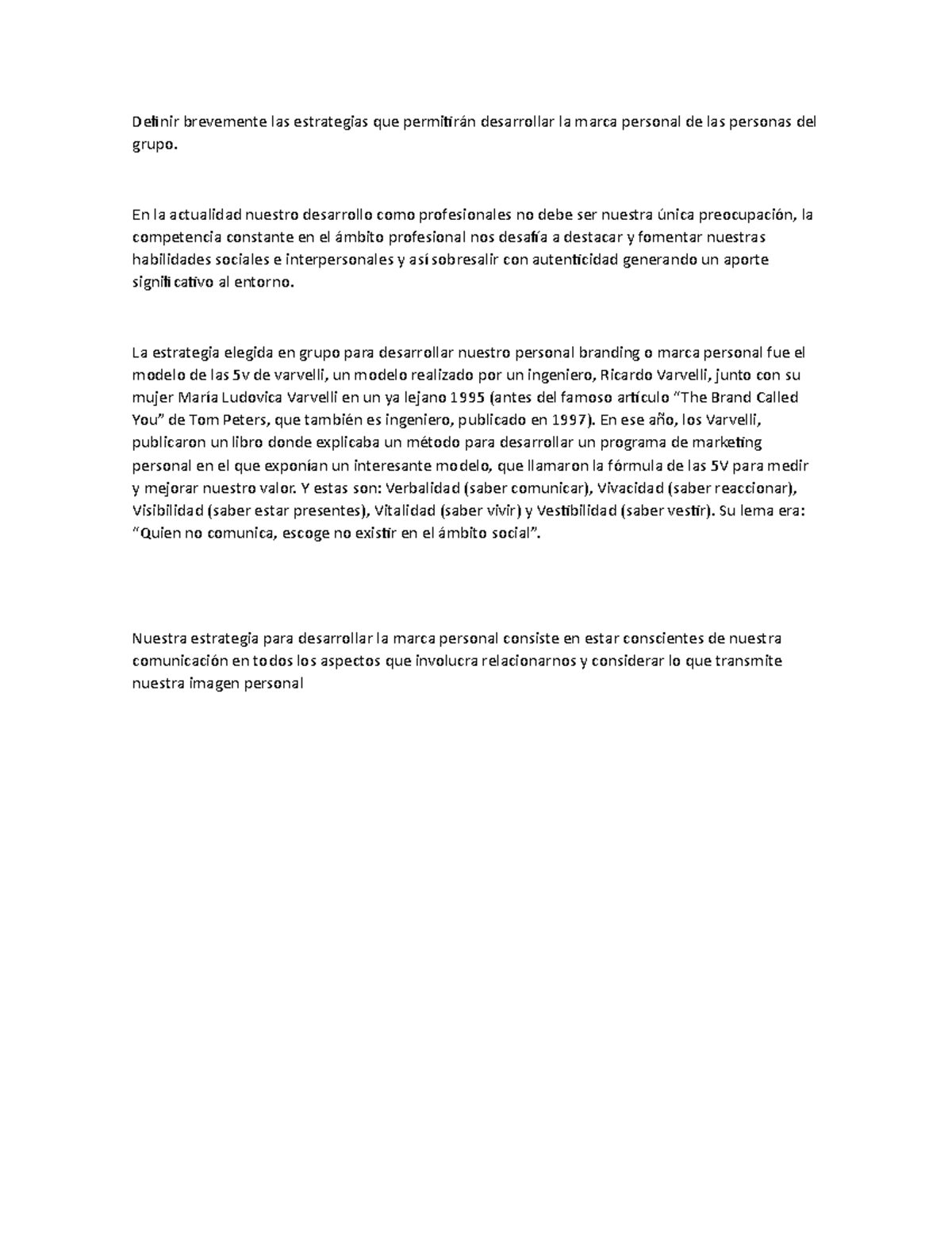 Estrategias de Marca Personal usando el Modelo 5V de Varvelli - Studocu