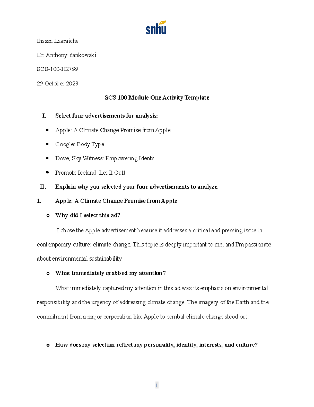 SCS 100 Module One Activity Template - Ihssan Laaraiche Dr. Anthony ...