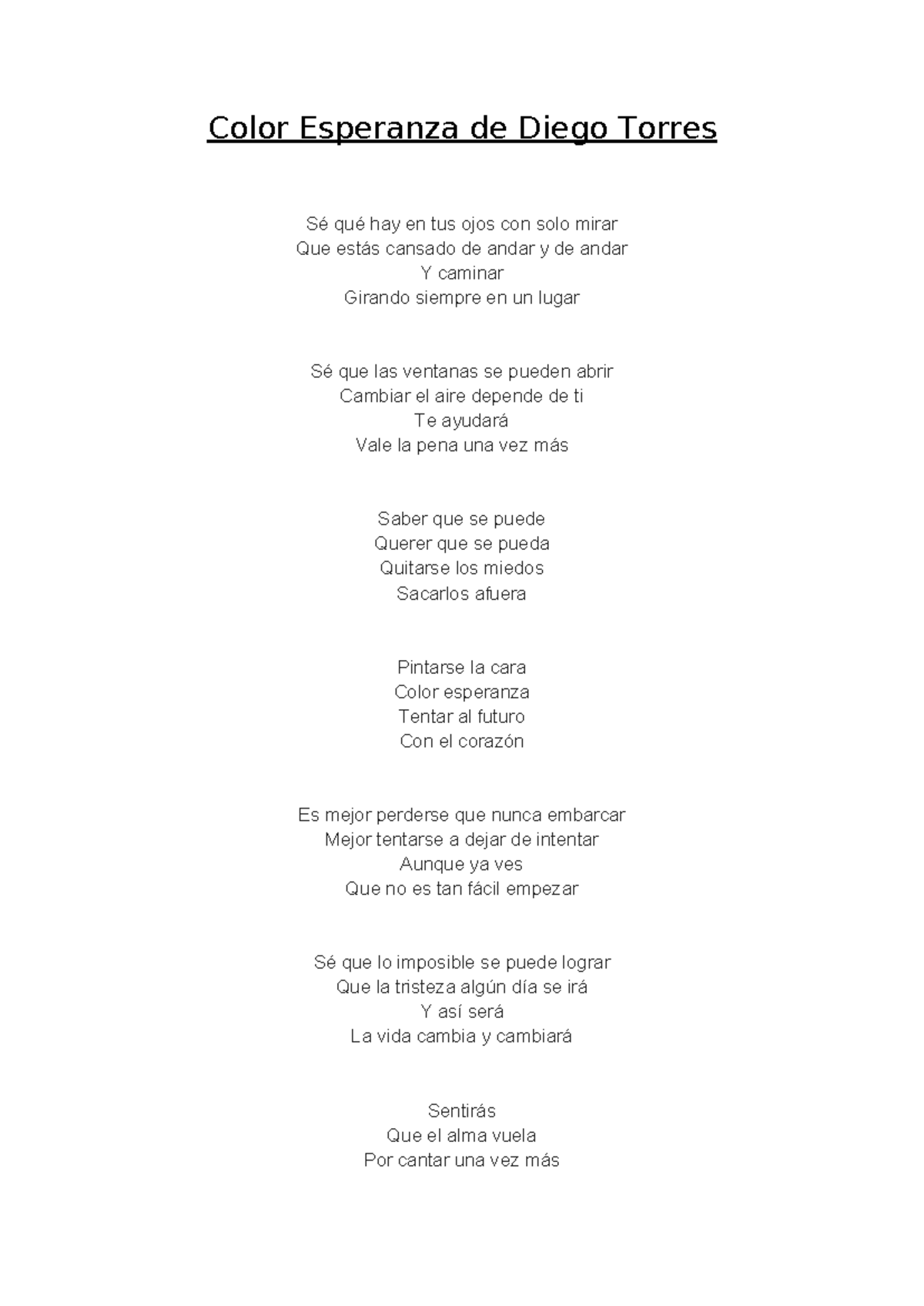 Color Esperanza de Diego Torres - Análisis de la Letra - Studocu