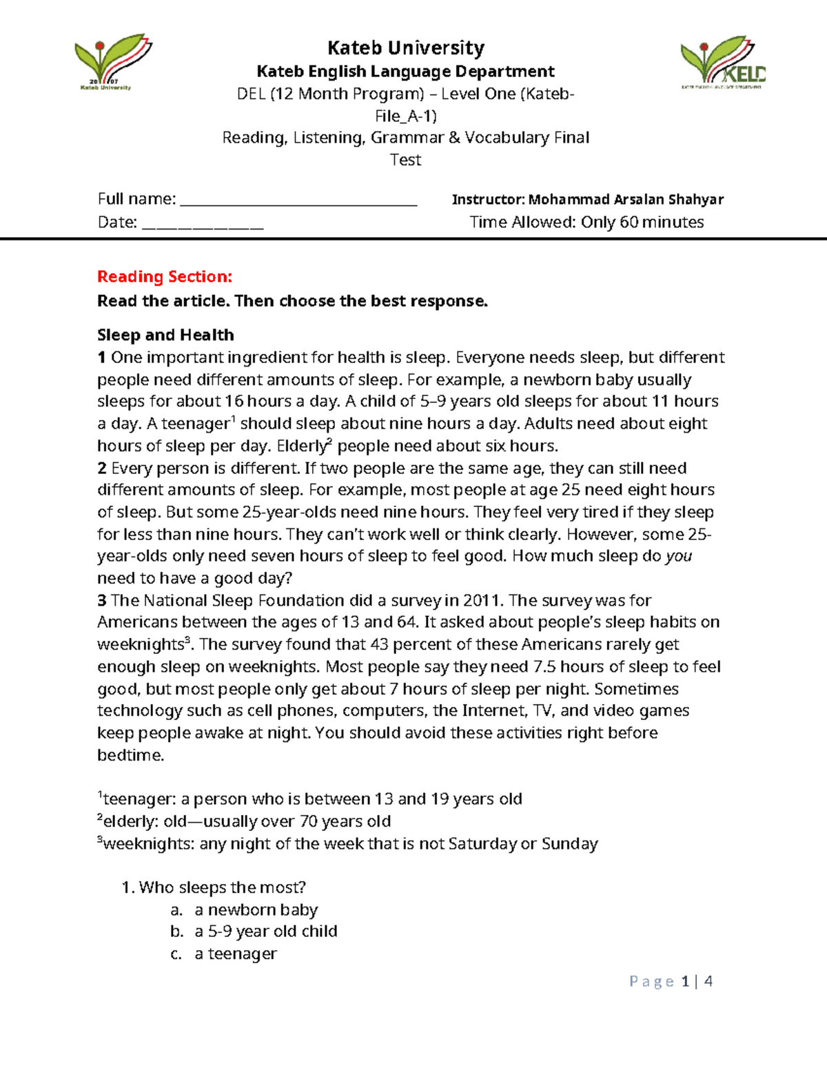 Kateb DEL Level 1 Reading, Listening, Grammar Final Test - Studocu