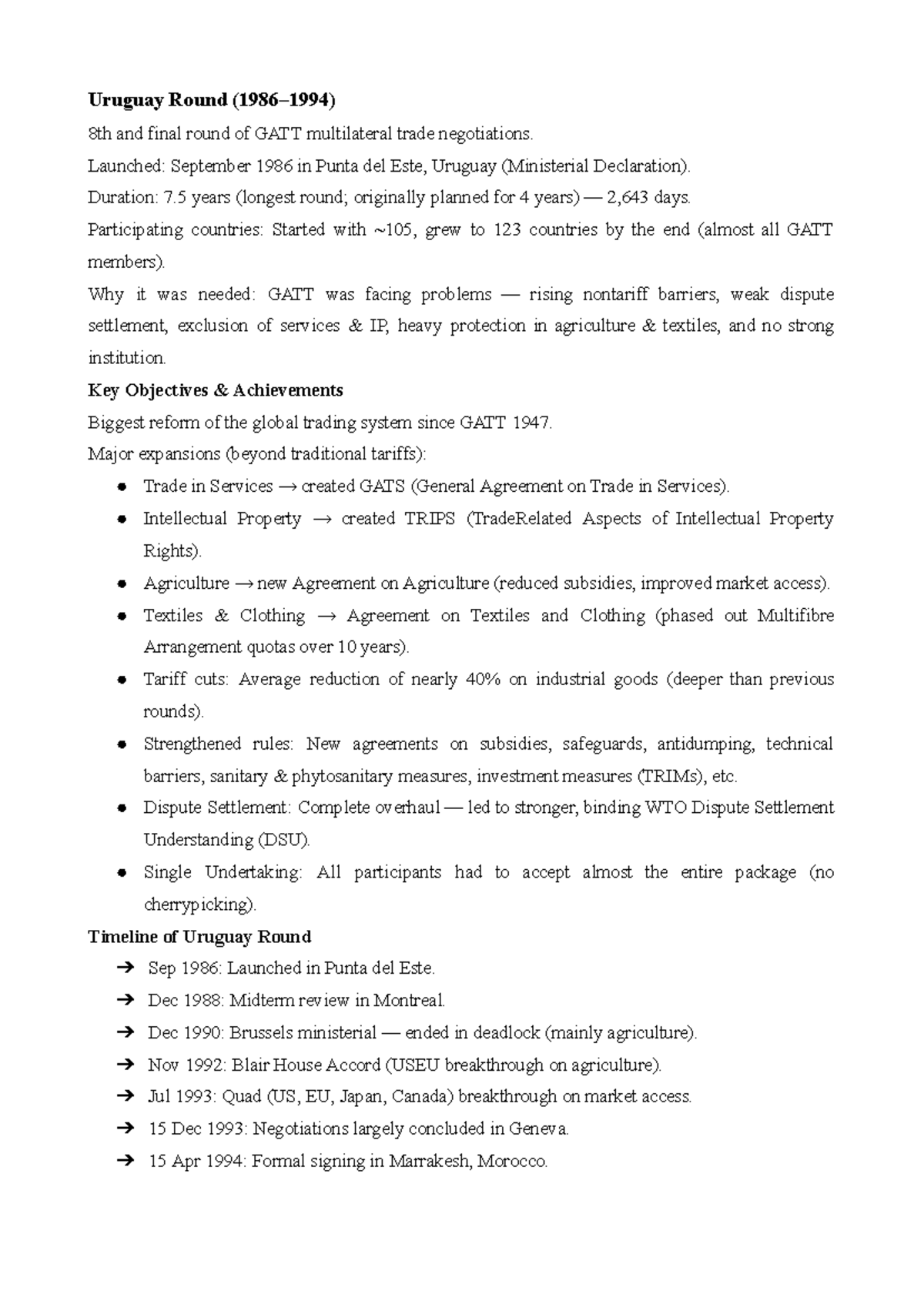 Uruguay Round: Key Achievements & Timeline of GATT Negotiations - Studocu