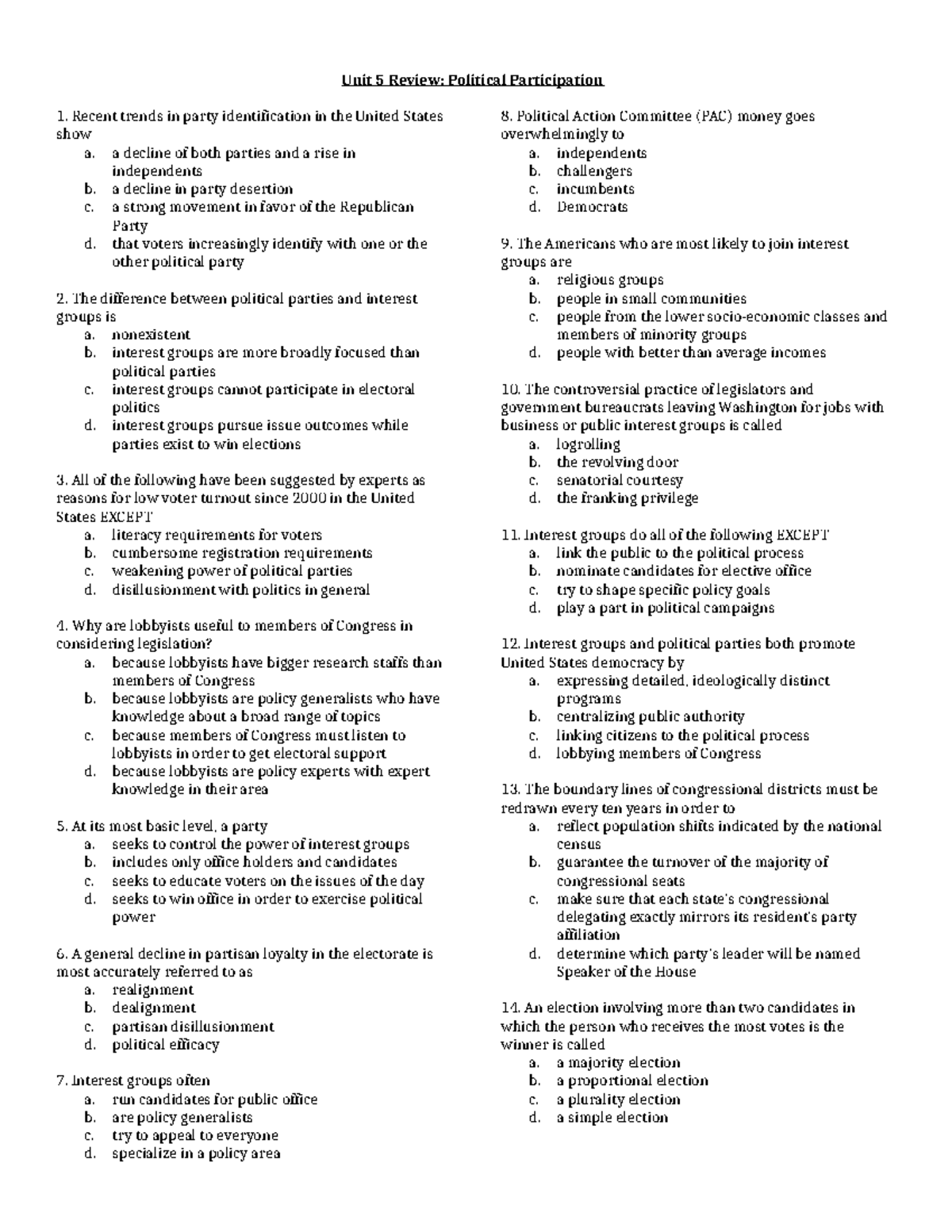Unit 5 Review: Political Participation - AP Gov Study Guide - Studocu