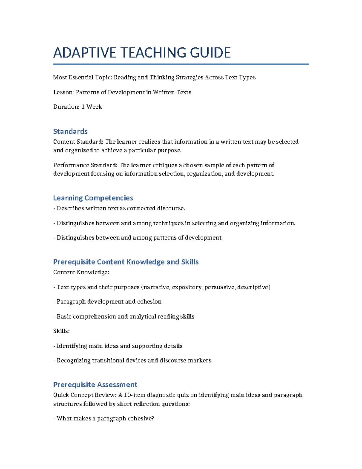 Adaptive Teaching Guide: Reading & Thinking Strategies (Patterns) - Studocu