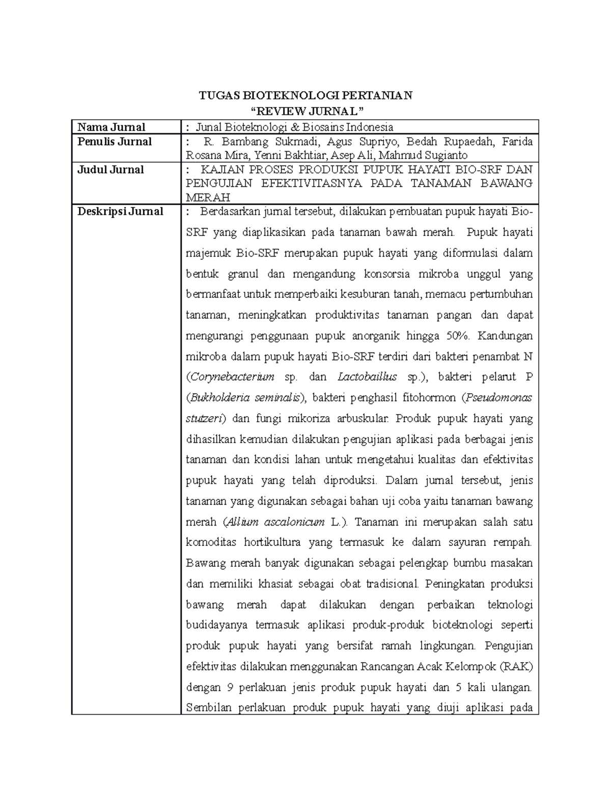 Tugas Bioteknologi Pertanian: Review Jurnal Pupuk Bio-SRF - Studocu