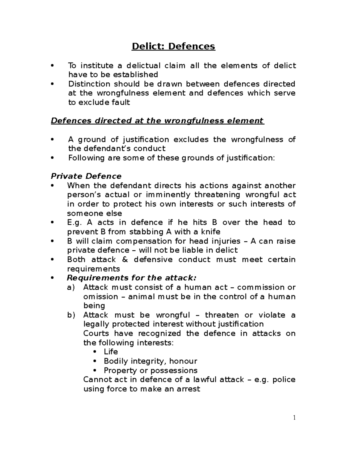 Delict Defences: Detailed Notes for Course OS-1018 - Studocu