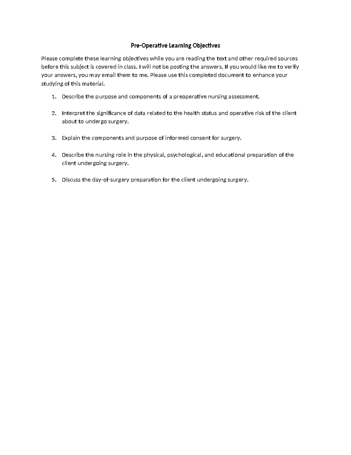 NUR 101: Pre-Operative Nursing Assessment Learning Objectives - Studocu