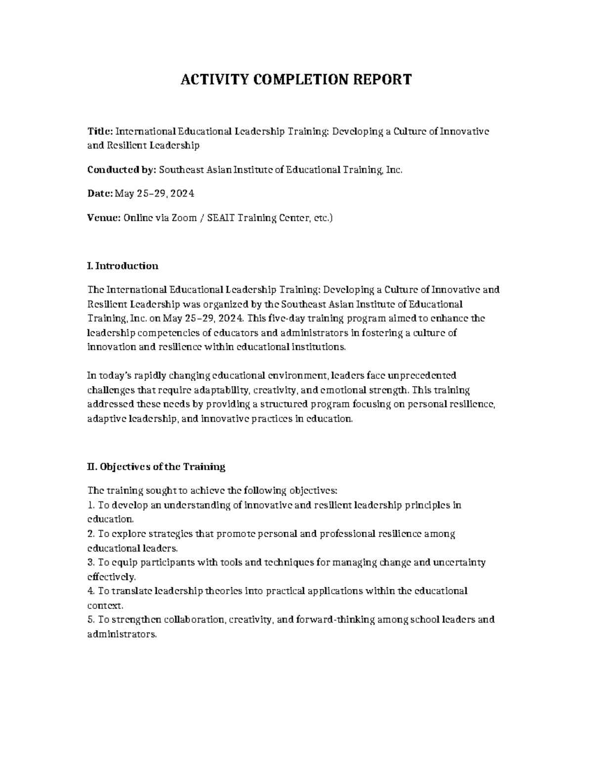 ACTIVITY COMPLETION REPORT: Int'l Ed Leadership Training - May 2024 ...