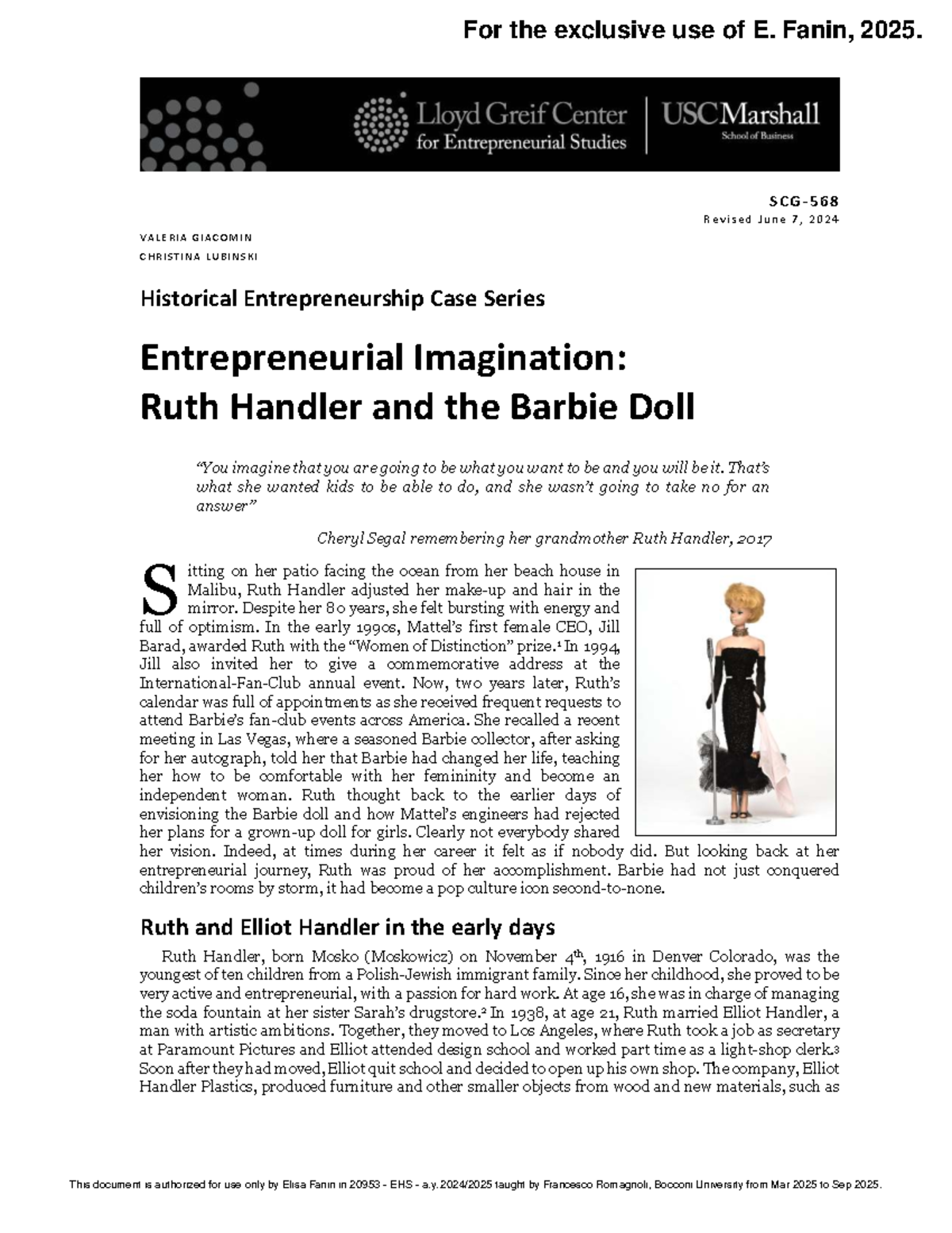 Entrepreneurial Imagination: Ruth Handler & the Barbie Doll (EHS 20953 ...