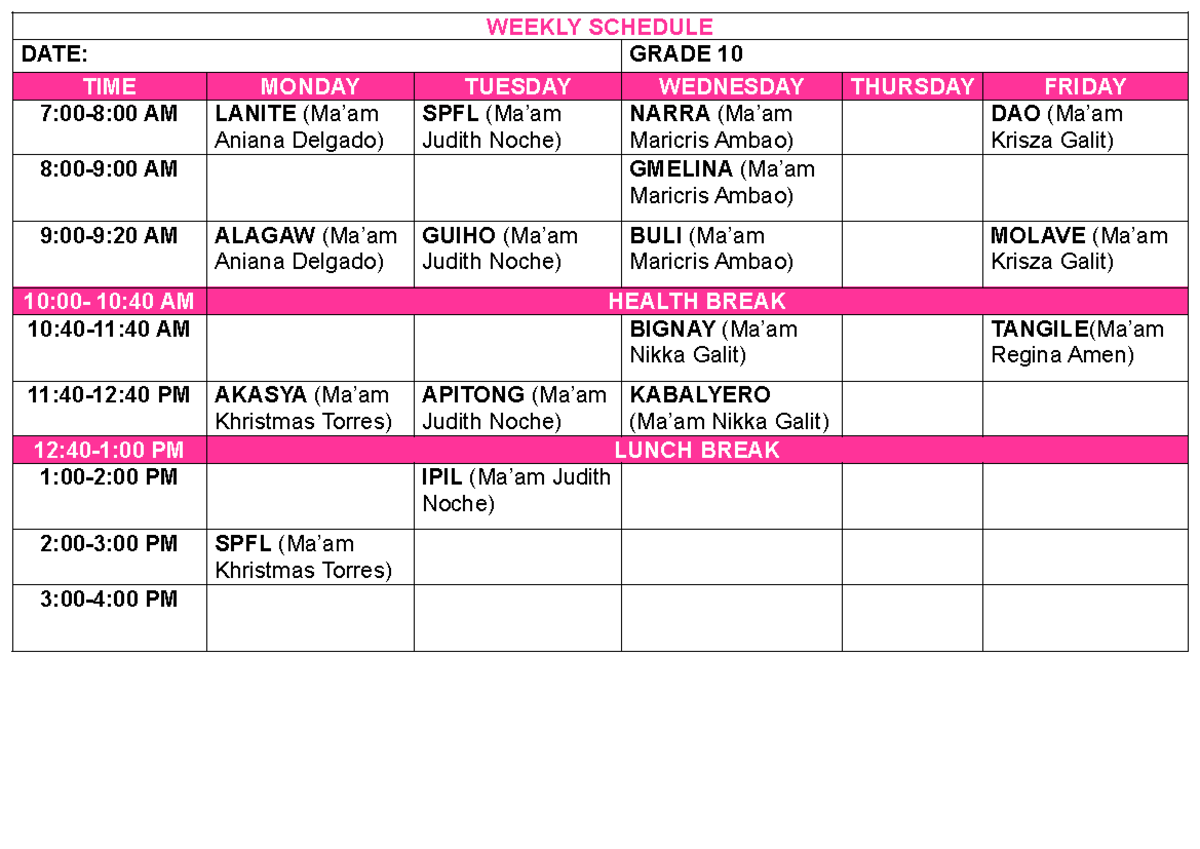 Weekly Schedule for Grades 7, 8, and 10 - Studocu