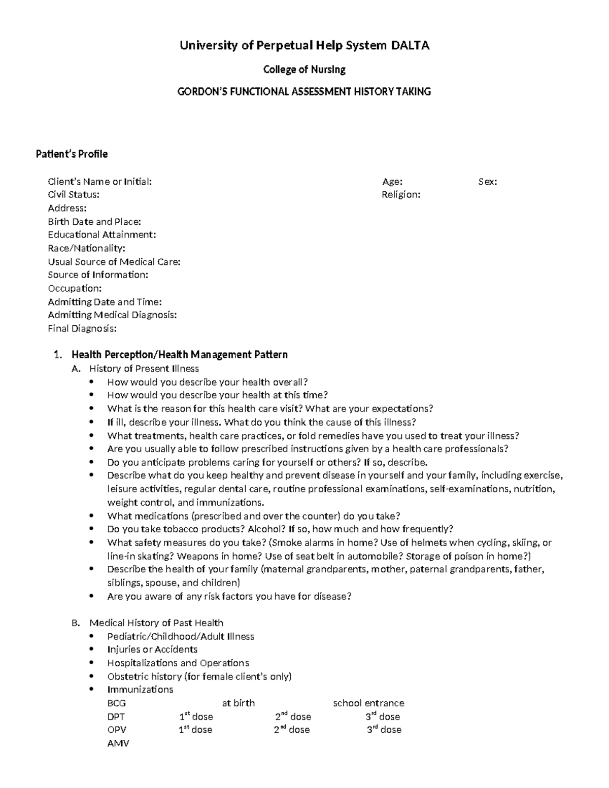 Gordon's Functional Assessment History Form - Nursing 101 - Studocu