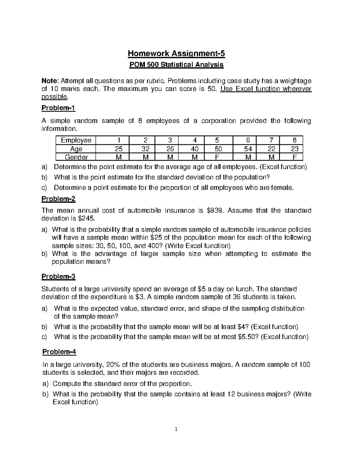 Homework POM 500: Statistical Analysis & Excel Functions Guide - Studocu