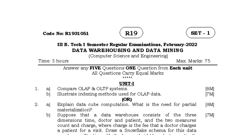 DATA Warehousing & Data Mining Exam SET 1 R19 - B. Tech I Sem - Studocu