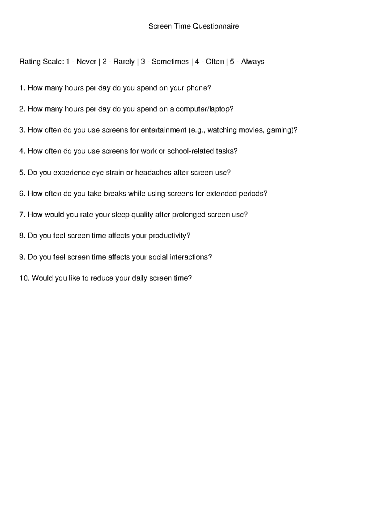 Screen Time Questionnaire: Assessing Daily Usage and Effects - Studocu