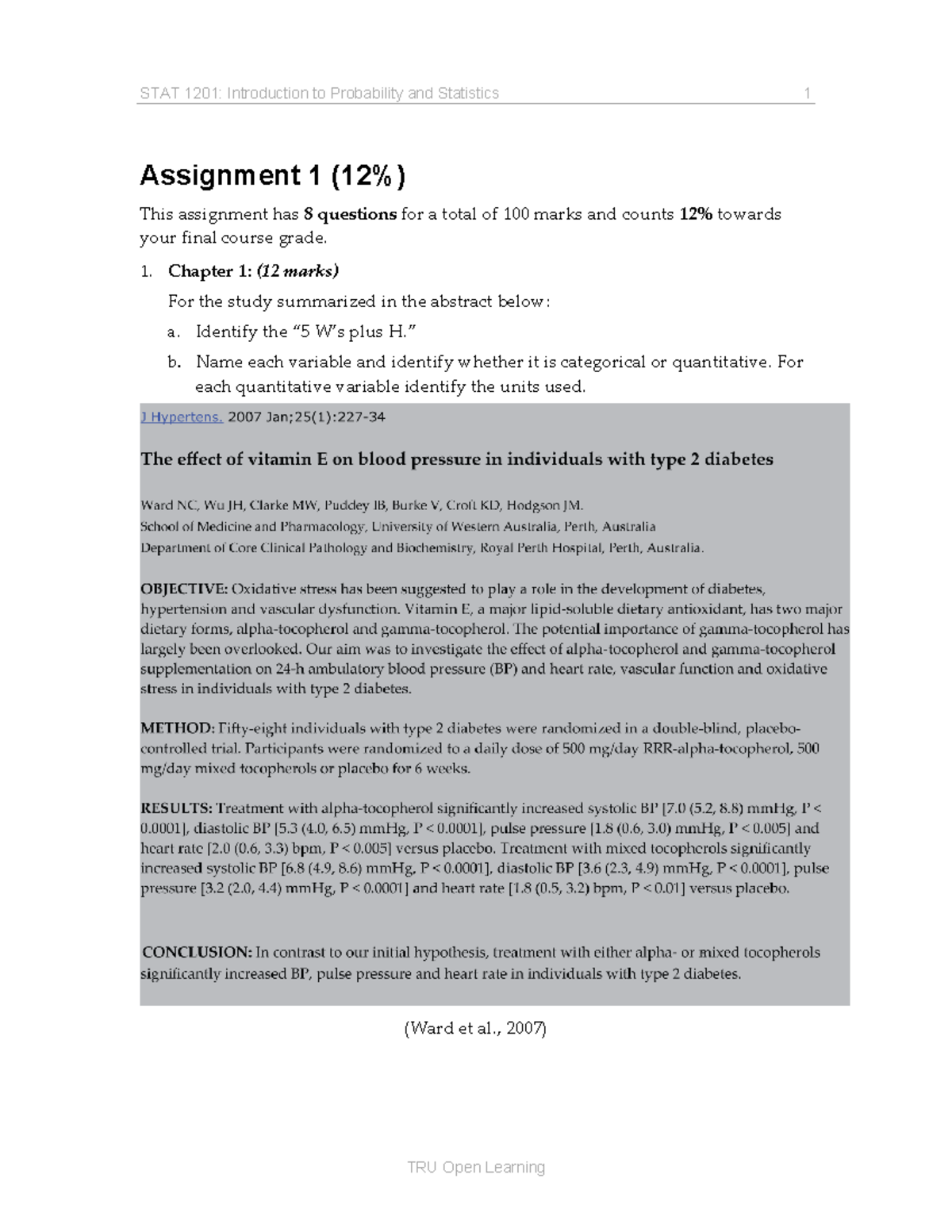 STAT1201 SW3 - Assignment - STAT 1201: Introduction to Probability and ...