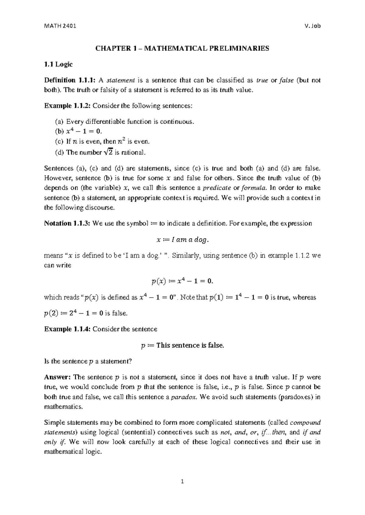 MATH 2401 V. Job CHAPTER 1 - MATHEMATICAL PRELIMINARIES - Studocu