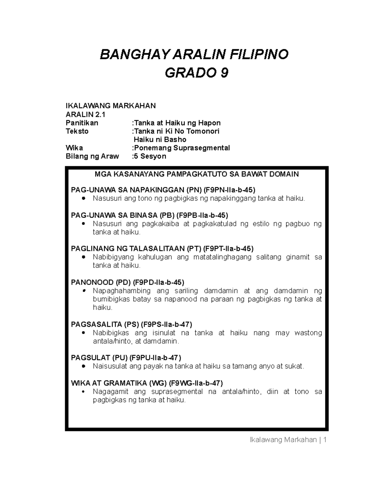 Banghay-aralin sa Panitikan para sa Grado 9: Tanka at Haiku (F9) - Studocu