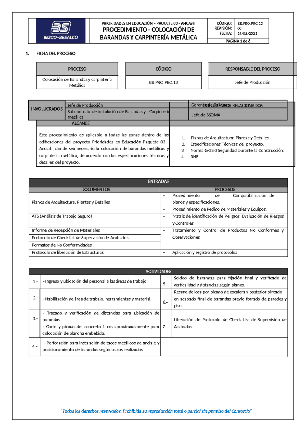 BB.PRO.PRC.13 Procedimiento para la Colocación de Barandas Metálicas ...