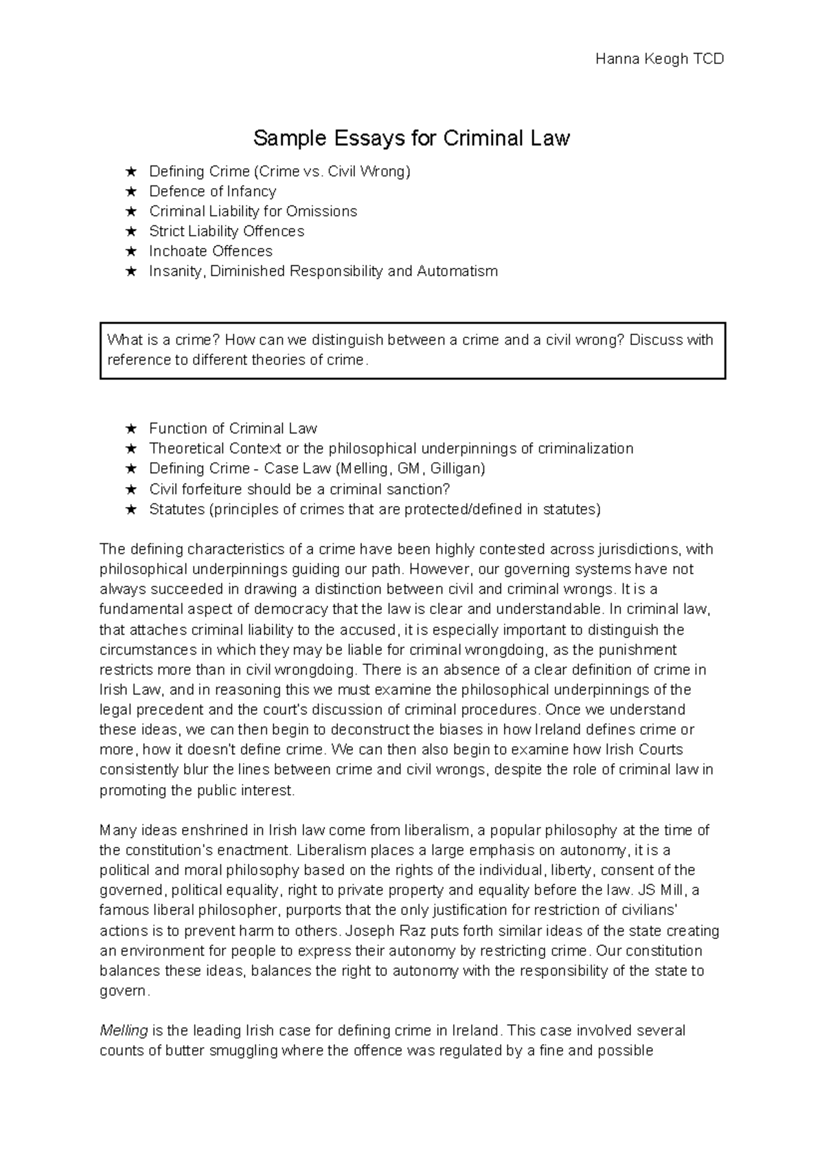 Criminal Law (CL101) Sample Essays on Defining Crime and Liability ...