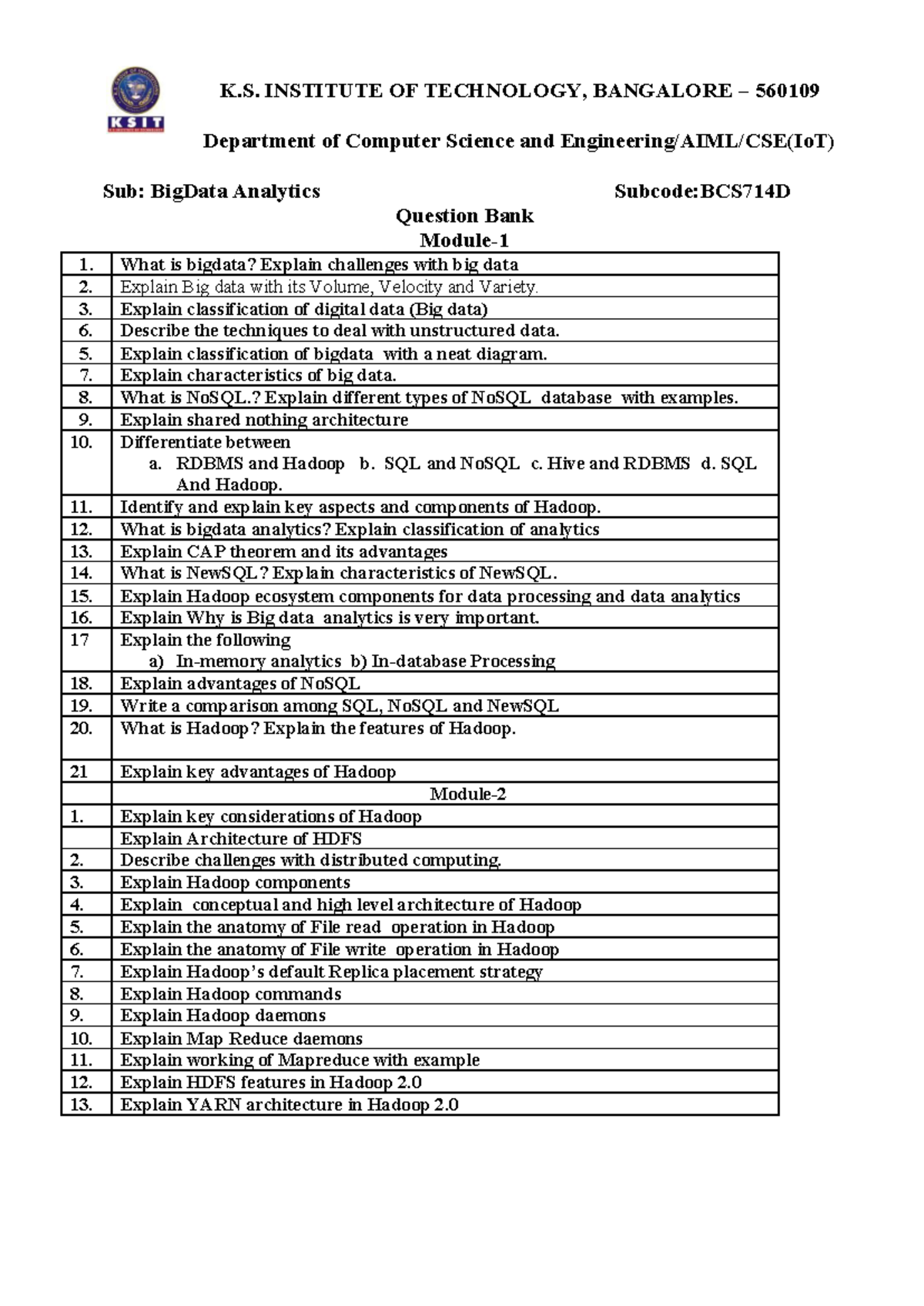 Important Questions for Big Data Analytics (BDA) BCS714D - Studocu