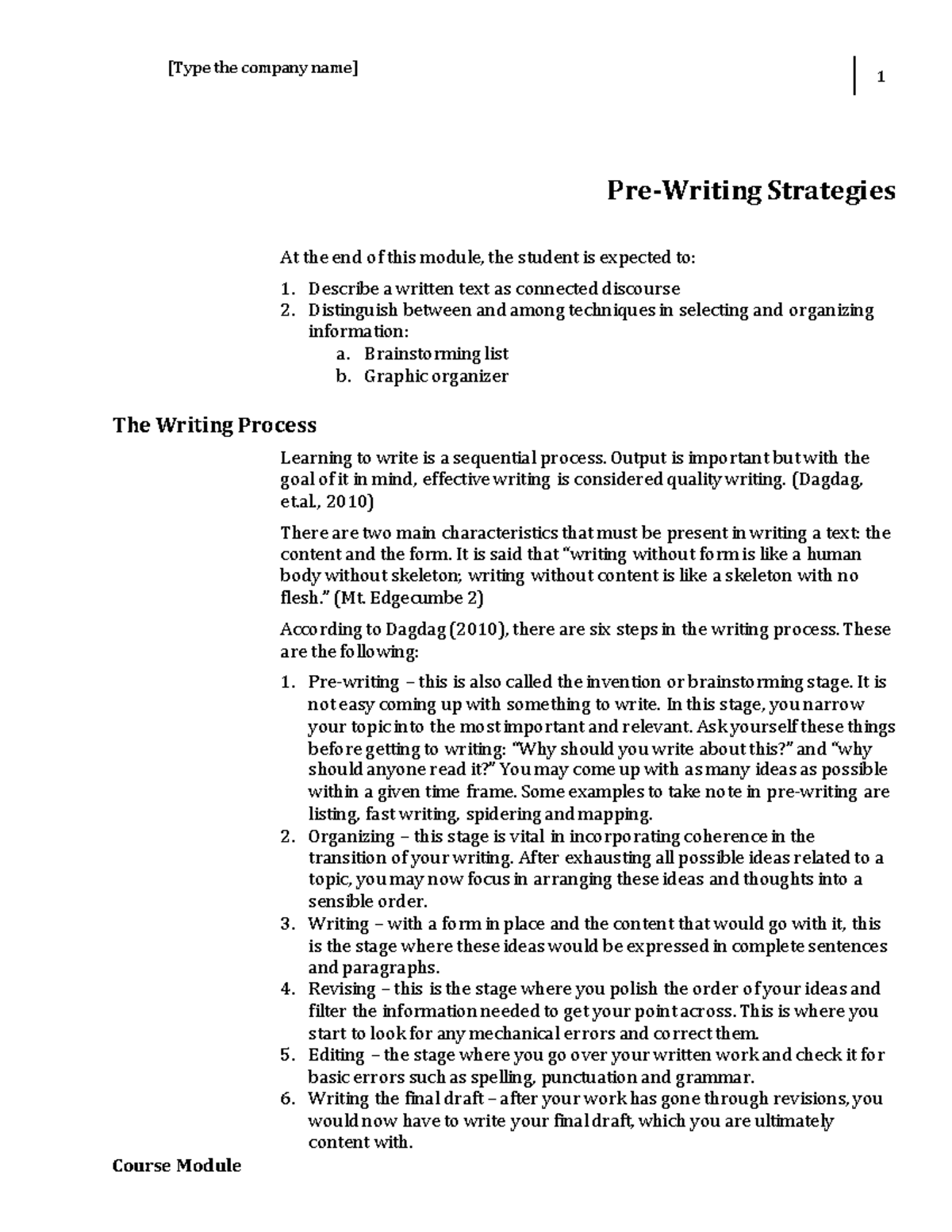 Week 001-Course Module-Writing Strategies - [Type the company name] 1 ...