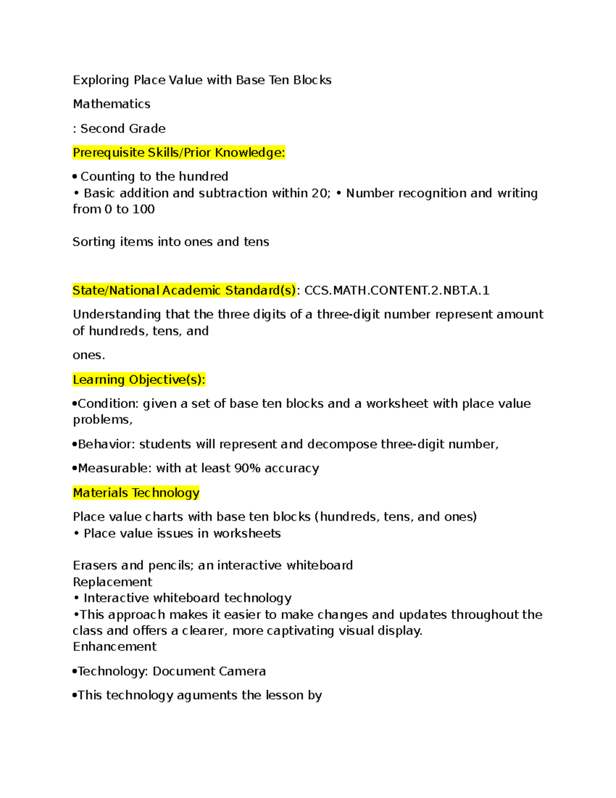Exploring Place Value with Base Ten Blocks: 2nd Grade Math Task - Studocu
