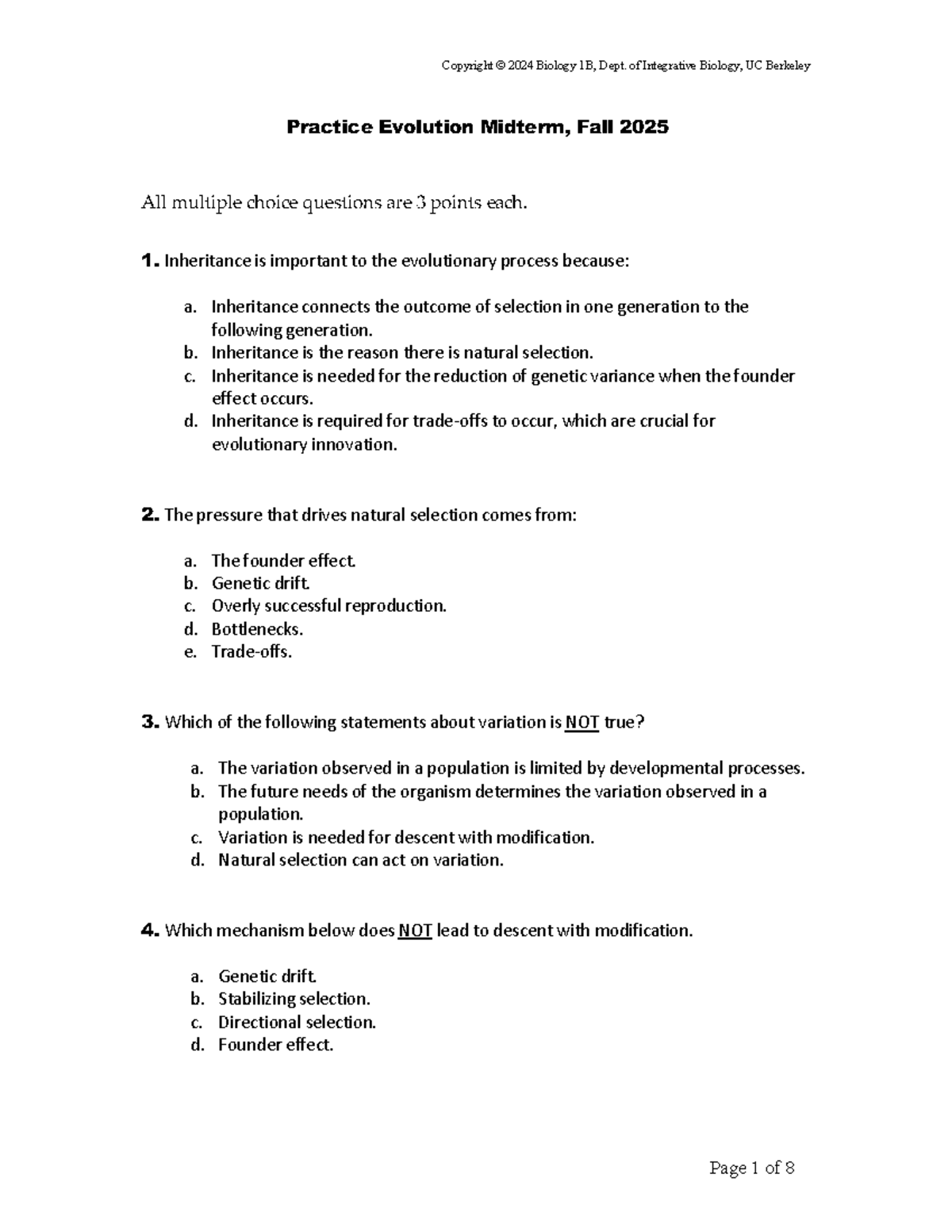 Practice Evolution Midterm Questions, Biology 1B, Fall 2025 - Studocu