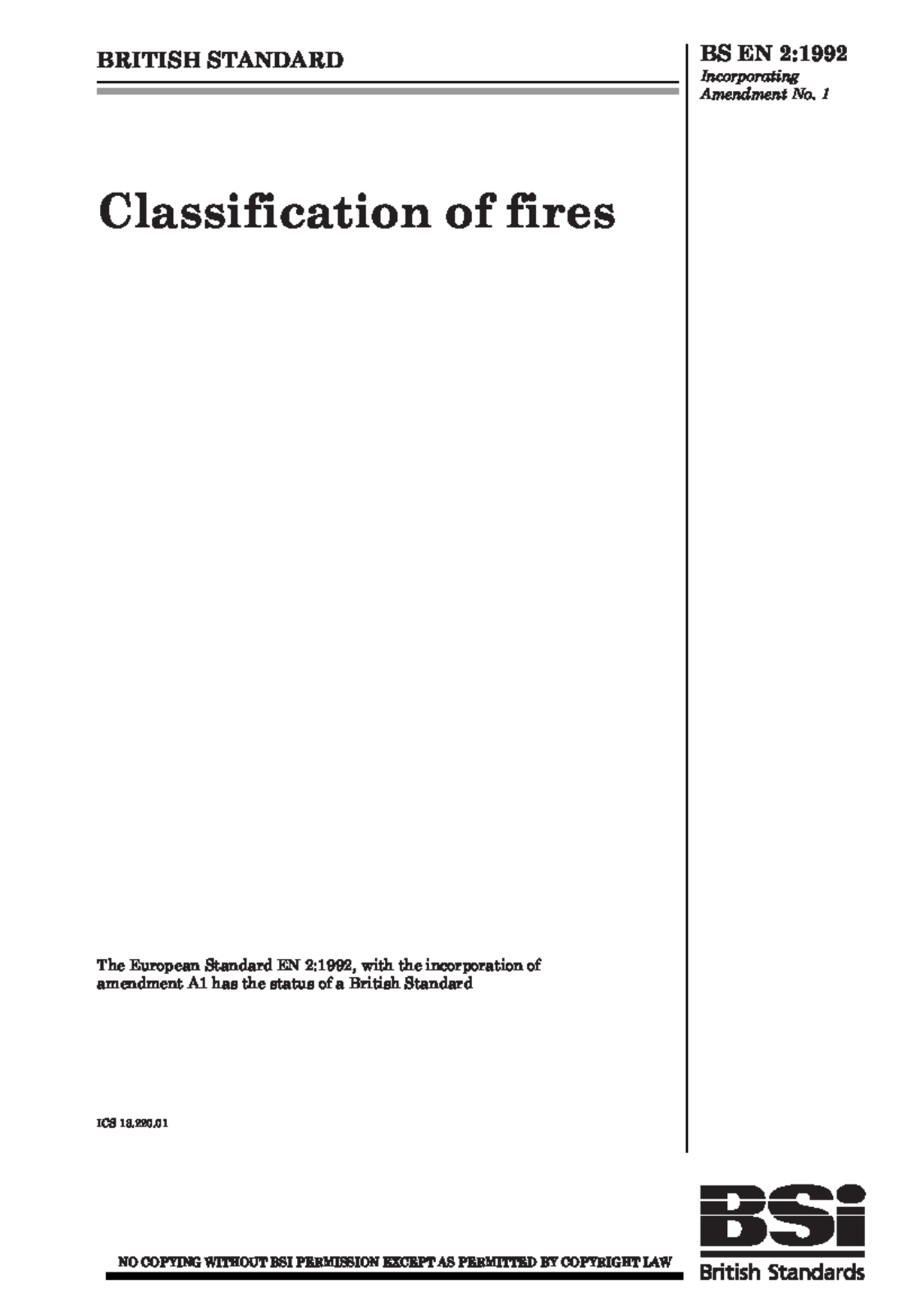 BS EN 2:1992 Classification of Fires - British Standard A1:2004 - Studocu