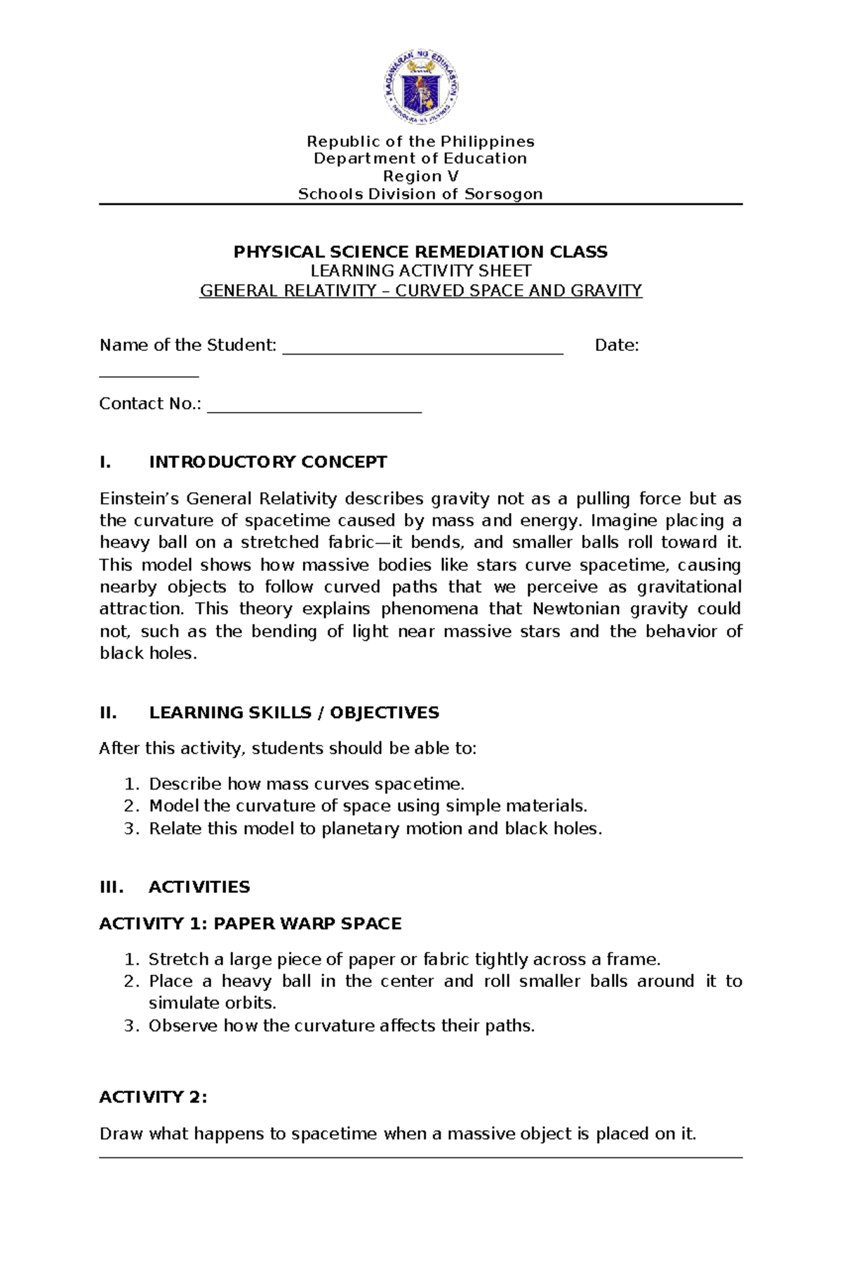 PHYSICAL SCIENCE REMEDIATION CLASS: General Relativity Activity - Studocu