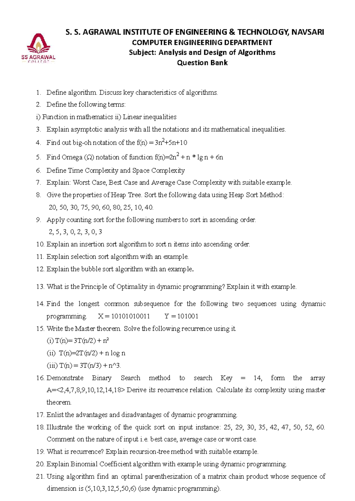 ADA Question Bank: Key Concepts and Algorithms Explained - Studocu