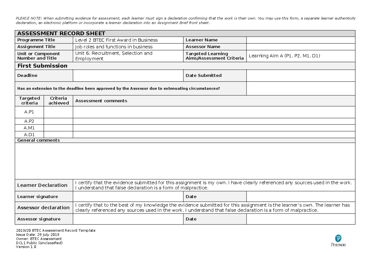 BTEC Level 2 Unit 6A Assessment Record & Learner Declaration - Studocu