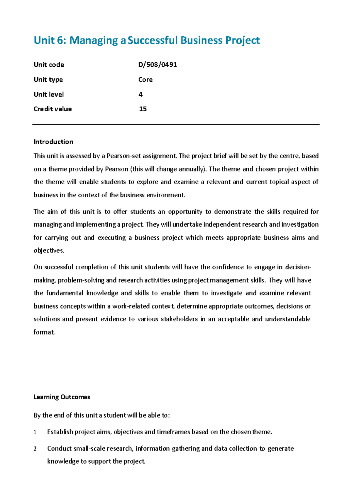 Unit 06: Managing a Successful Business Project D/508/ Level 4 Guide ...