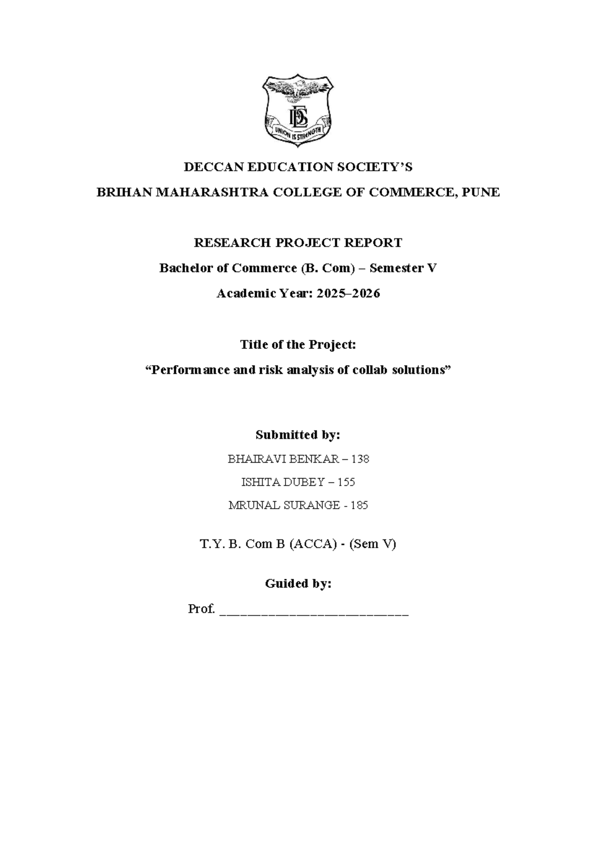 Research Project Report: Risk Analysis of Collab Solutions (B. Com Sem ...