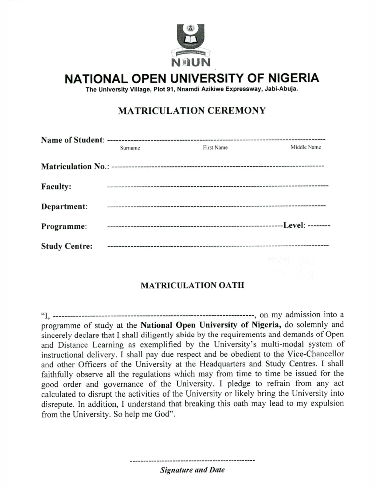 NOUN Matriculation Oath Form for New Students - Studocu