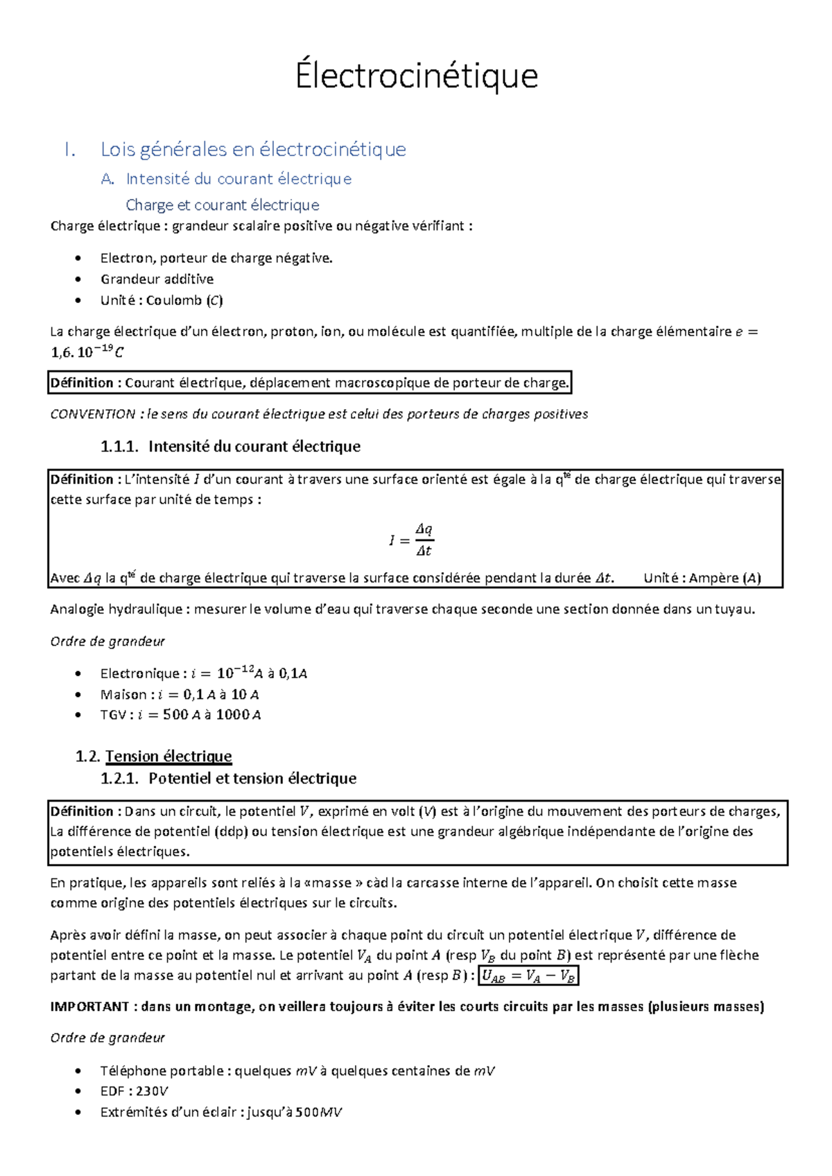 Électrocinétique - Résumé du Cours d'Électrocinétique et Fondamentaux - Studocu