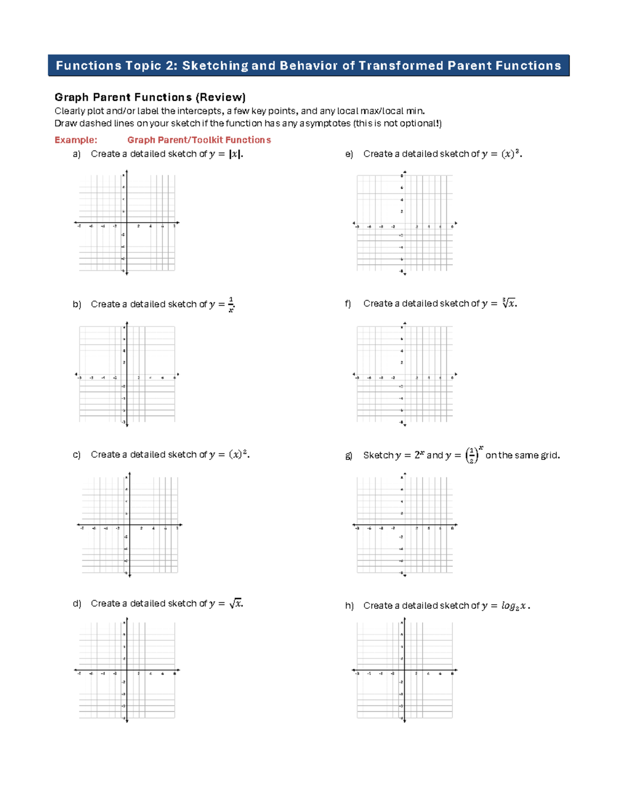 Functions Topic 2: Sketching & Analyzing Transformed Parent Functions ...