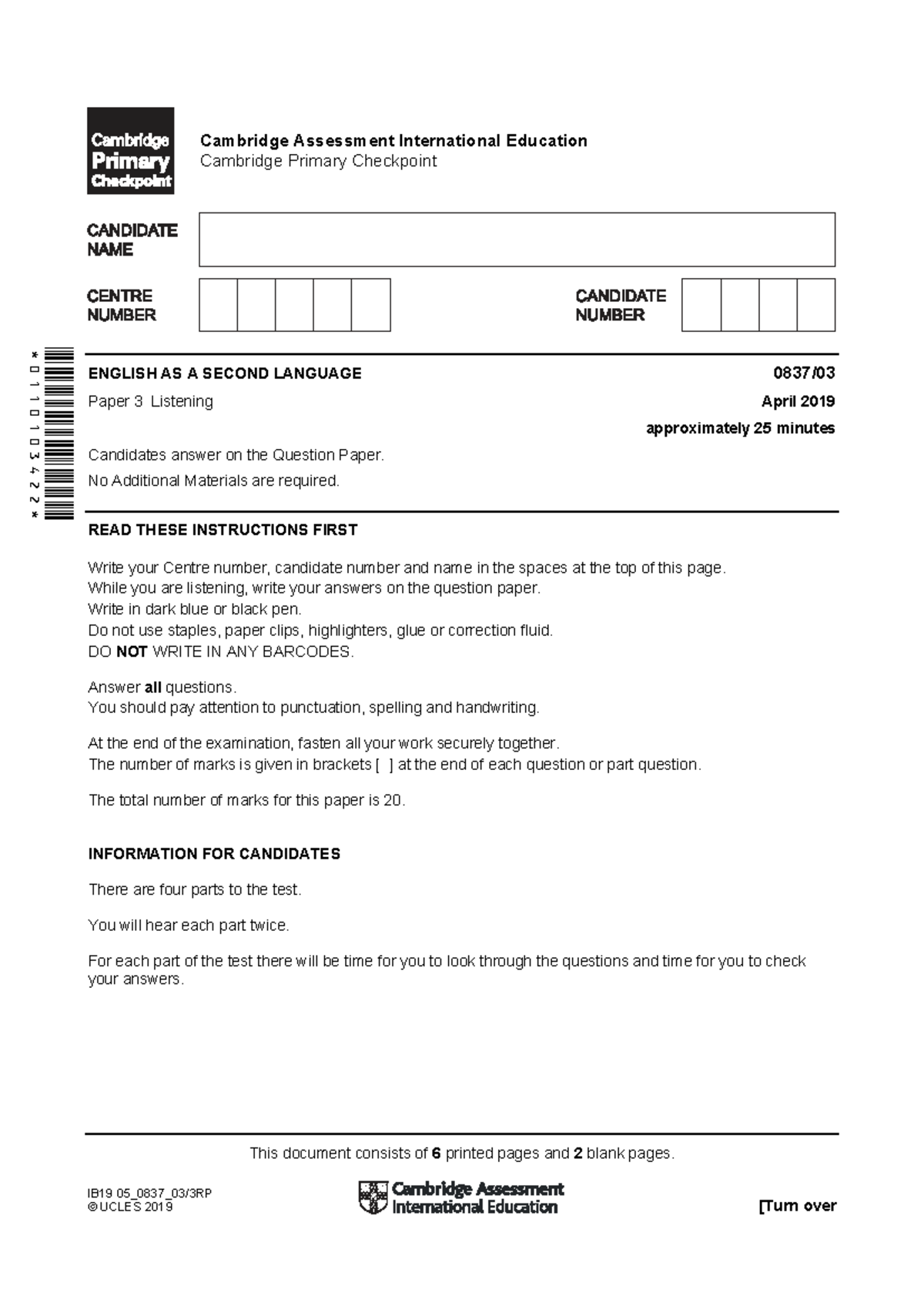 Cambridge Primary Checkpoint - ESL (0837) April 2019 Paper 3 Listening ...