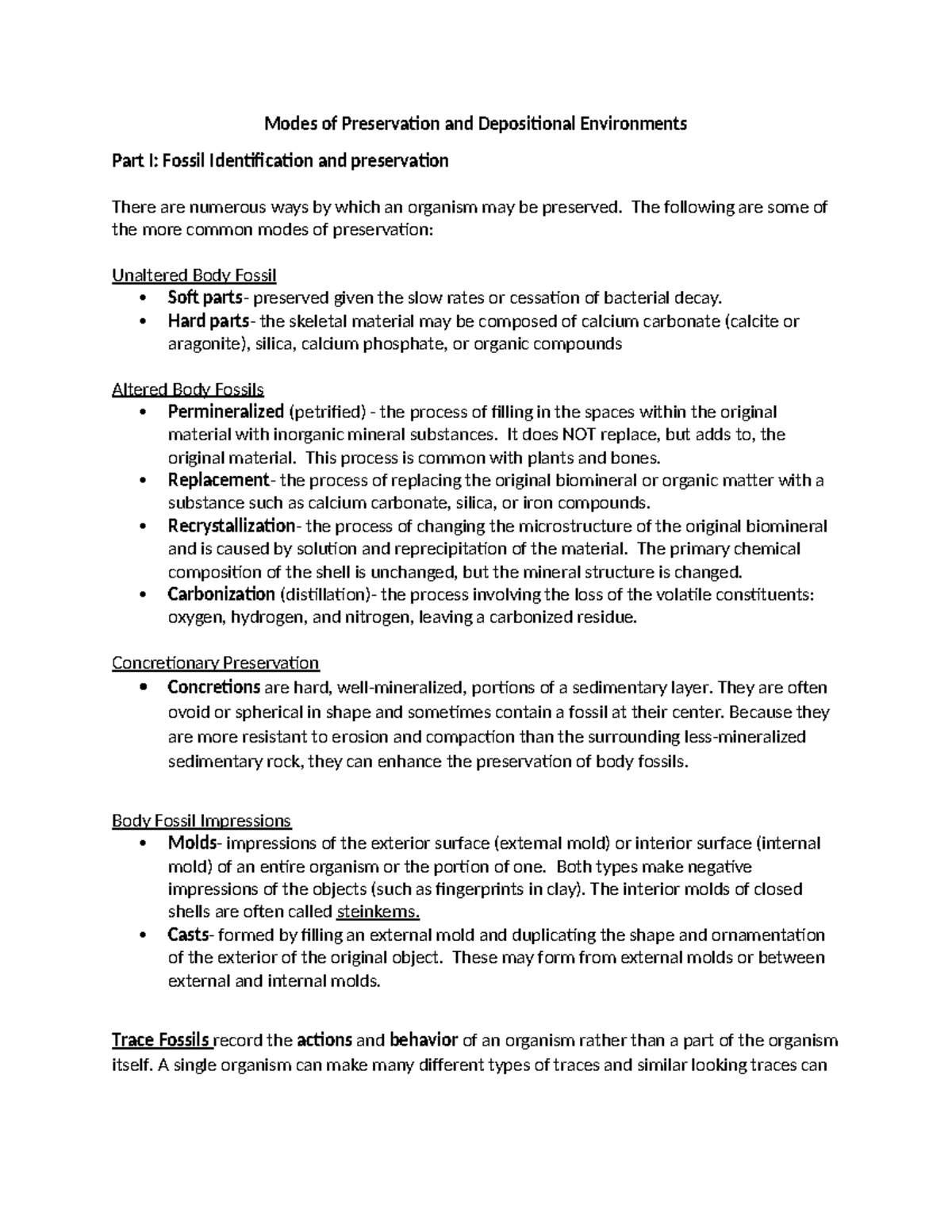 FOSS 302: Modes of Preservation & Depositional Environments Study Notes ...