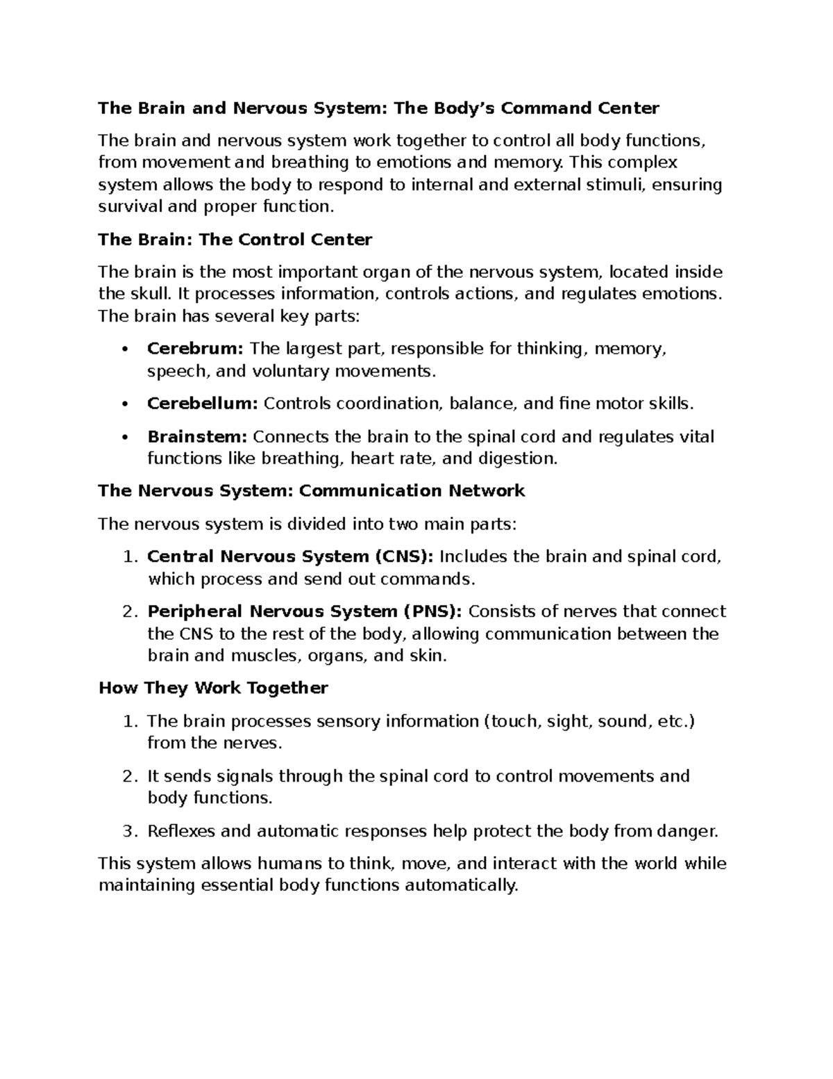 The brain and nervous system: understanding the command center - Studocu